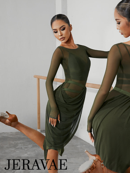 ZYM Dance Style Long Dark Green Latin Practice Dress with Mesh Top, Hi ...